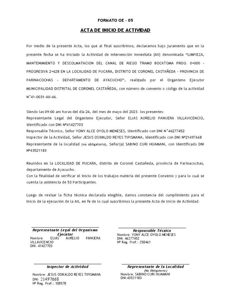 Formato OE-05 (Acta de Inicio) | PDF