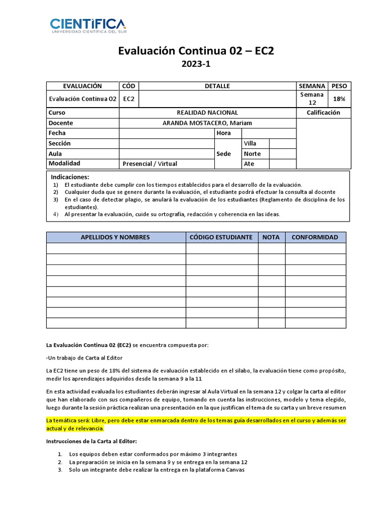 Realidad Nacional - Evaluaciones - EC2 2023-1 | PDF | Ciencia cognitiva | Cognición