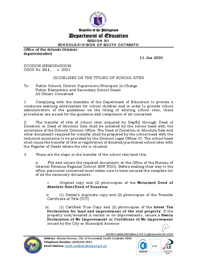 DM OSDS No. 011 S. 2021 GUIDELINES ON THE TITLING OF SCHOOL SITES | PDF ... DM OSDS No. 011 S. 2021 GUIDELINES ON THE TITLING OF SCHOOL SITES | PDF ...