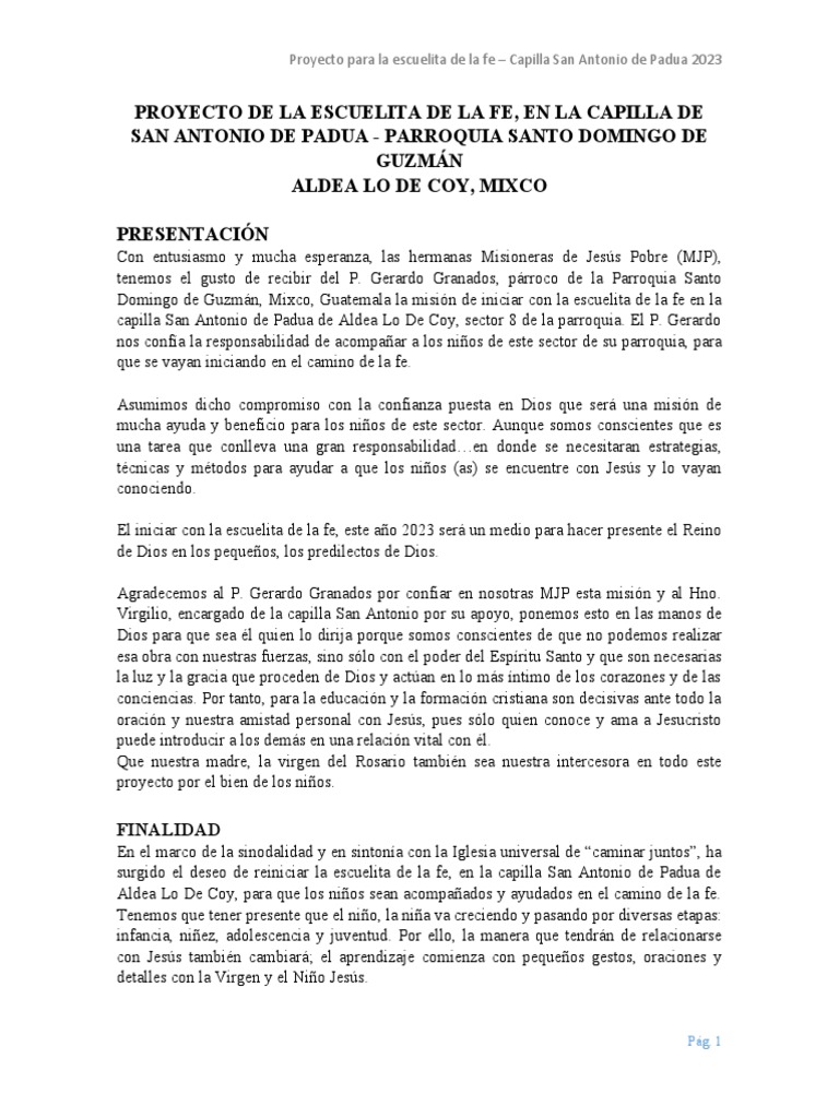 Proyecto Para La Escuelita De La Fe Pdf Estrés Biología Pensamiento