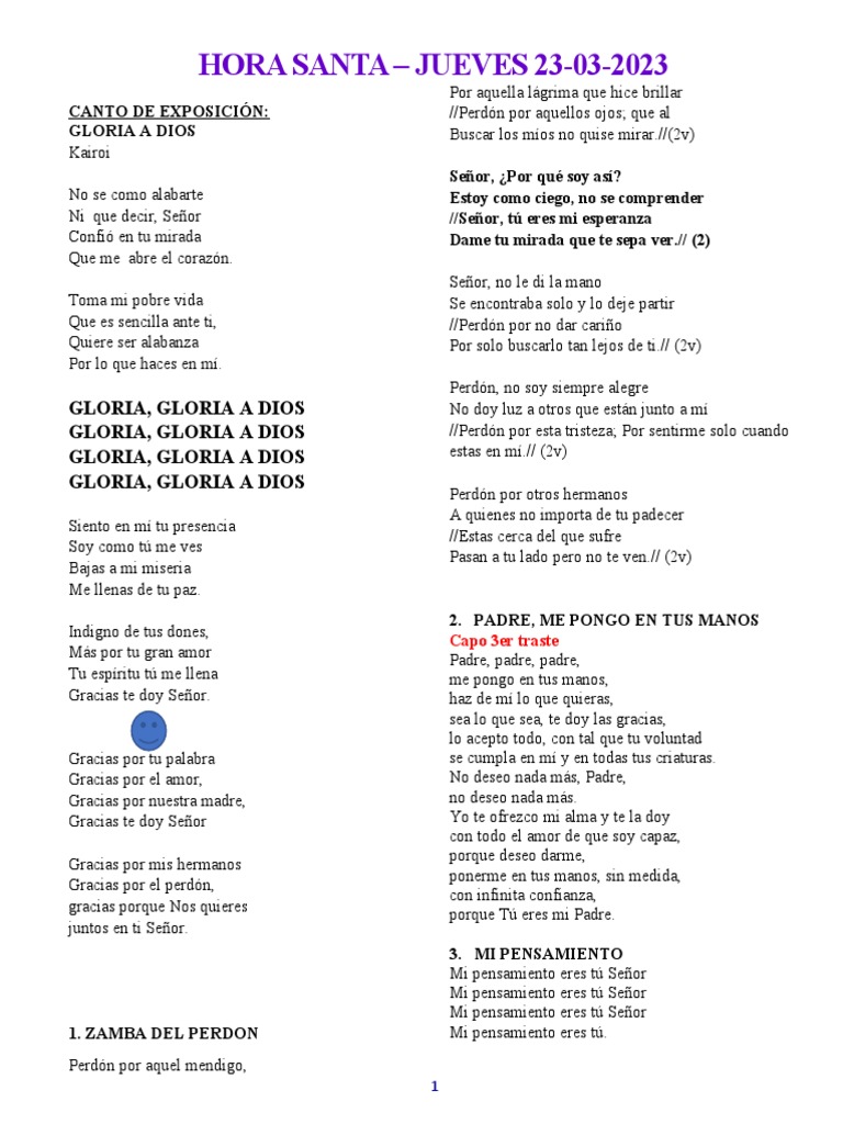 23-03-2023 - Cantos Hora Santa | PDF | Amor | Perdón