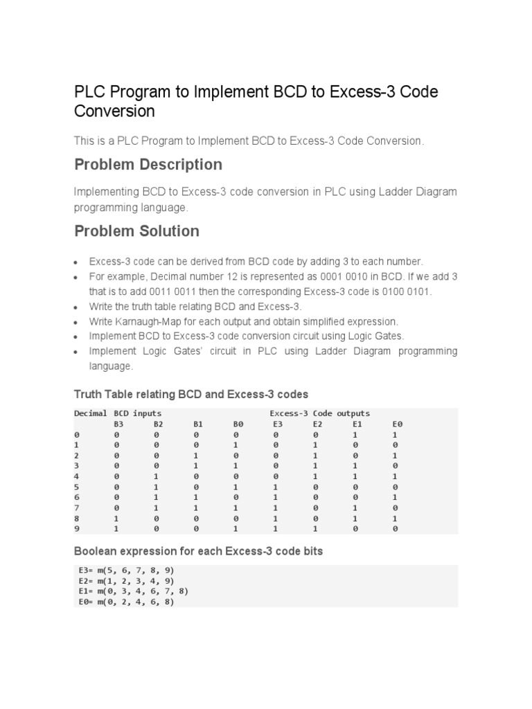 7 PLC Program To Implement BCD To Excess-3 Code Conversion | PDF | Binary Coded Decimal | Logic