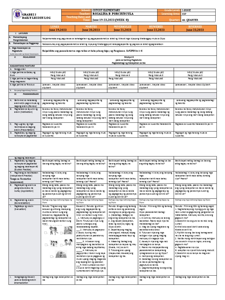 DLL All SUBJECTS G2 Q4 WEEK 8 | PDF