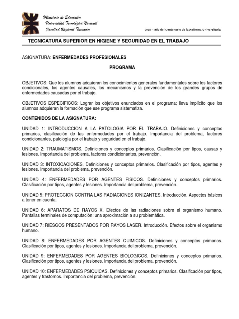 Programa de Materia Enfermedades Profesionales | PDF | Seguridad y salud ocupacional | Patología