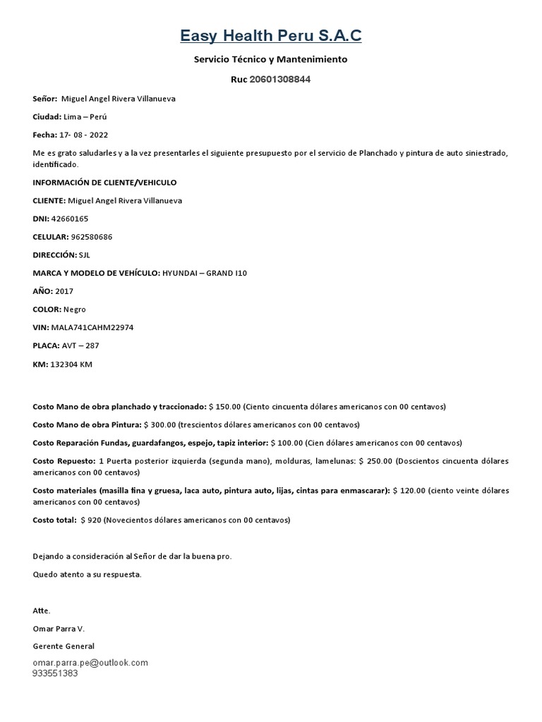 Proforma Reparacion de Auto | PDF