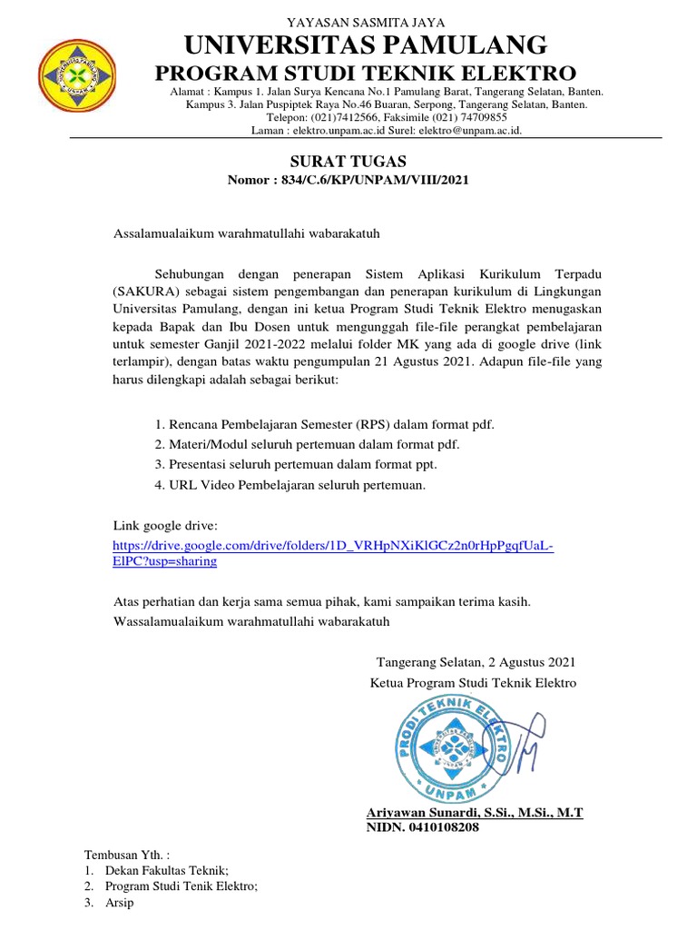 Surat Tugas Tim Teaching PS Te-Unpam 2021 | PDF