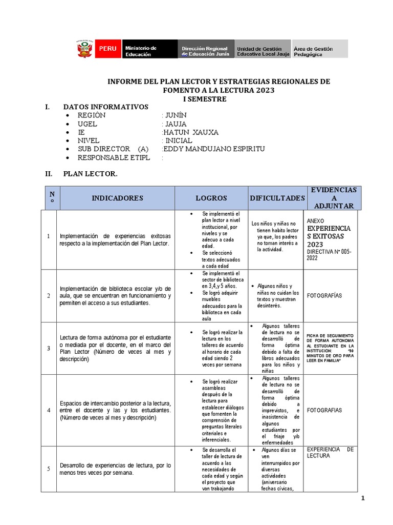 Informe Plan Lector | Descargar gratis PDF | Comprensión lectora | Educación primaria
