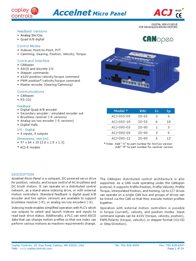 Accelnet Micro Panel CANopen ACJ Datasheet Datasheet | PDF | Power Supply | Electric Motor