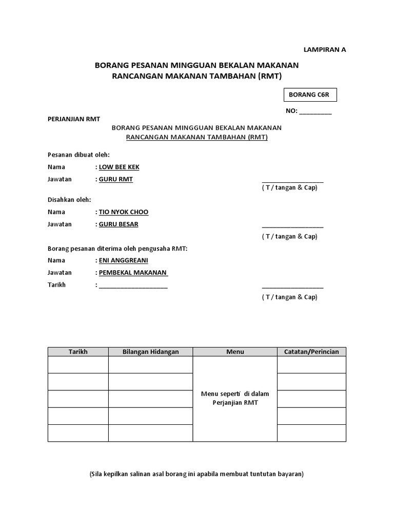 Borang Pesanan RMT Mingguan | PDF