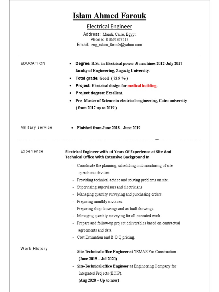 Islam Farouk CV - 2017 Electrical Engineer | PDF | Engineering | Physical Sciences