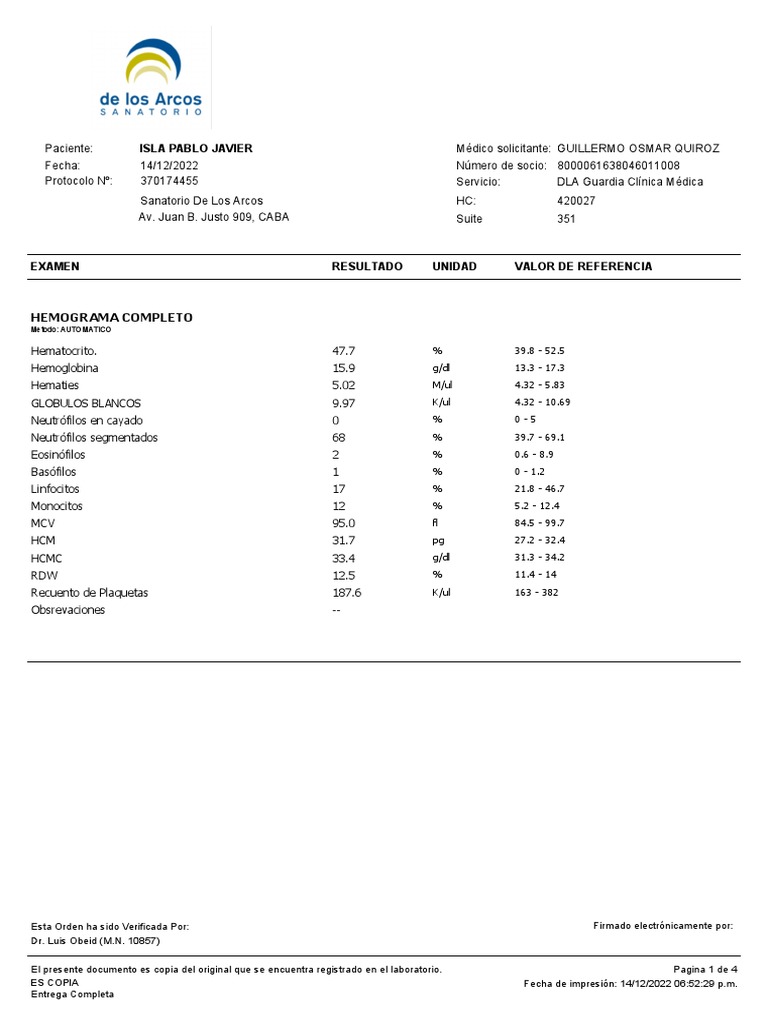 Estudio de Laboratorio Nro370174455 | PDF | Sangre | Especialidades Medicas