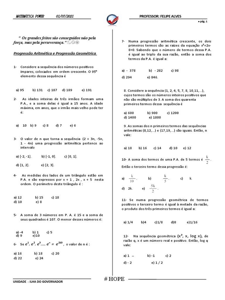 Aula de Mat Power Ilha 01 07 2021 | PDF | Sequência | Triângulo