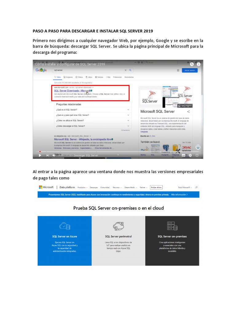 Manual Paso A Paso - Descarga e Instalacion de SQL Server - Desarrolador | PDF | Servidor SQL de ...