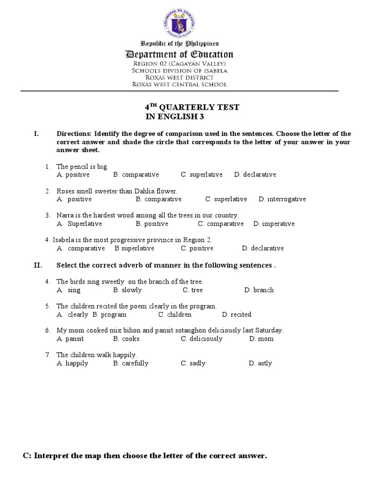 4tr Quarter Test in ENGLISH 3 NEW | PDF | Linguistics