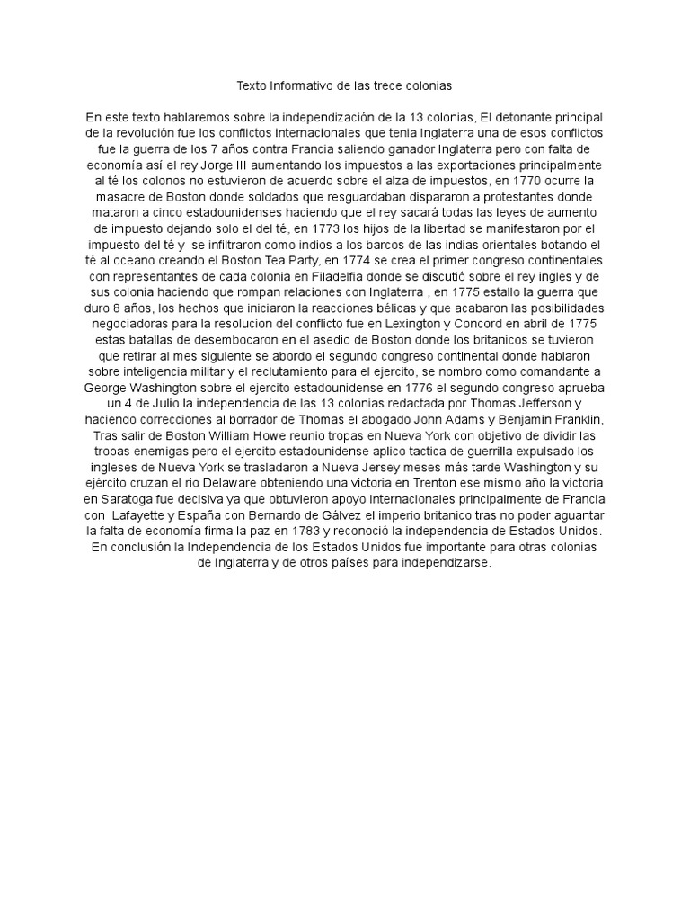Texto Informativo De Las Trece Colonias Pdf Declaración De