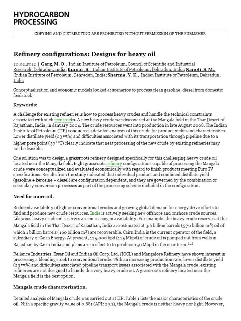 Refinery Configurations - Designs For Heavy Oil - Hydrocarbon ...