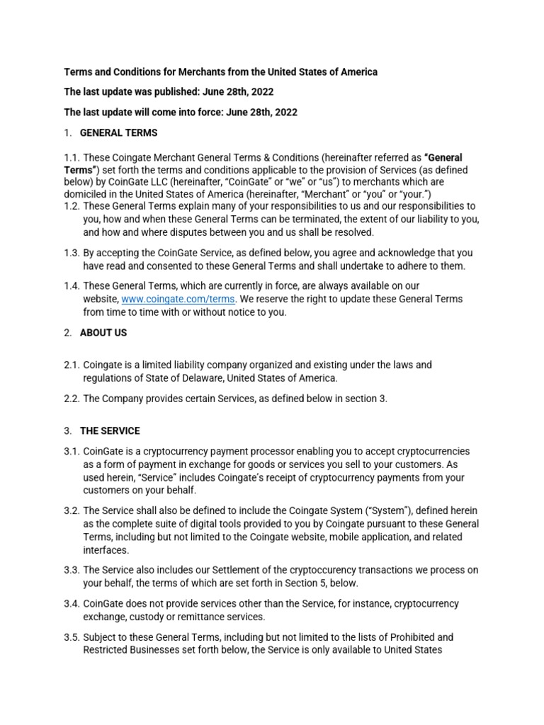 Terms United States of America Merchant Terms and Conditions For | PDF ...