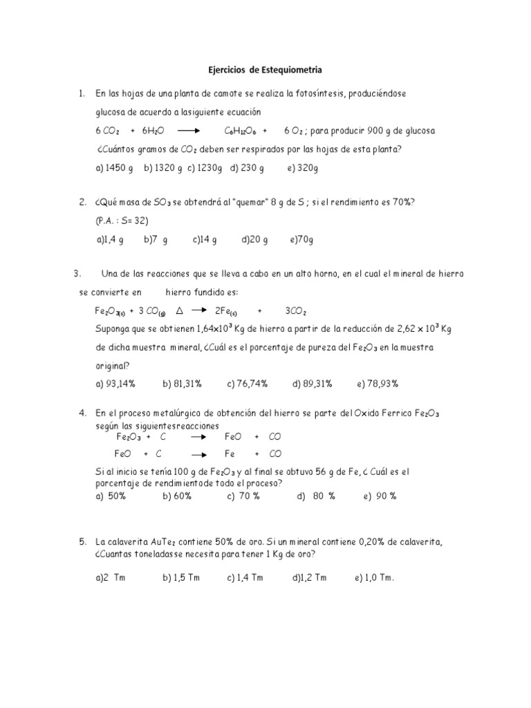 Ejercicios de Estequiometria QA | PDF | Hierro | Átomos
