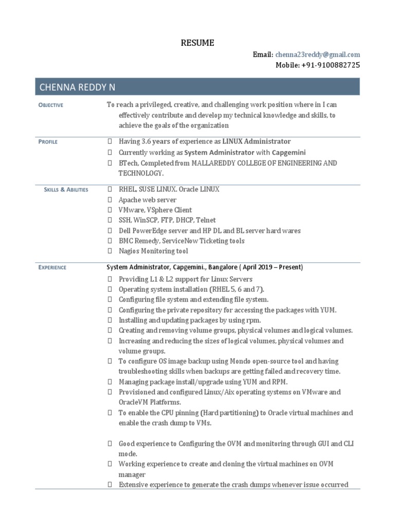 ChennaReddy - Linux - Resume - 3.6 Years | PDF | Linux | File System