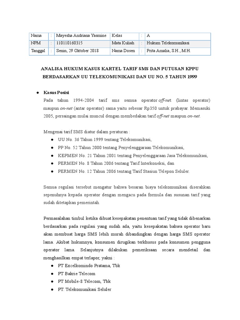 Analisa Hukum Kasus Kartel Tarif SMS Dan Putusan Kppu Berdasarkan Uu Telekomunikasi Dan Uu No. 5 ...