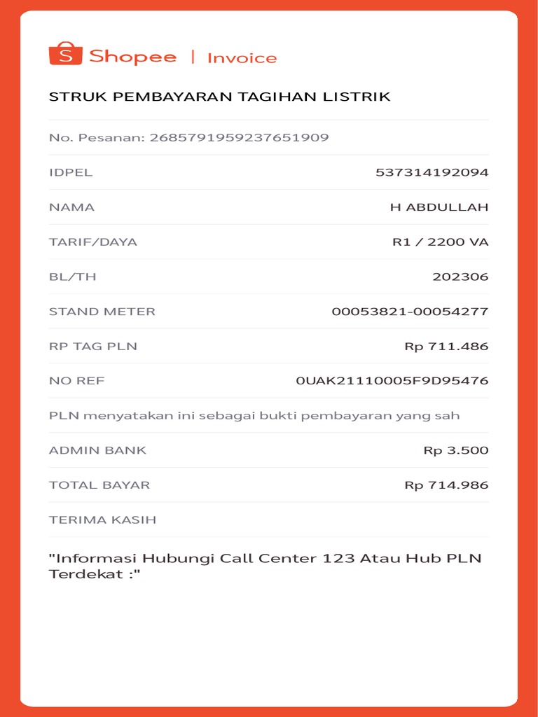 Invoice Pembayaran Listrik Juni 2023 | PDF