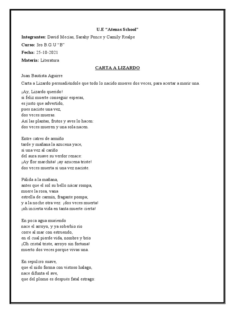 Análisis Del Poema Carta A Lizardo | PDF