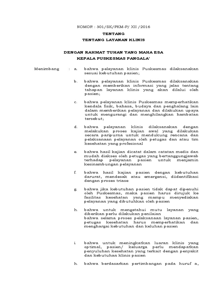 Kebijakan Layanan Klinis Puskesmas Pangala' | PDF