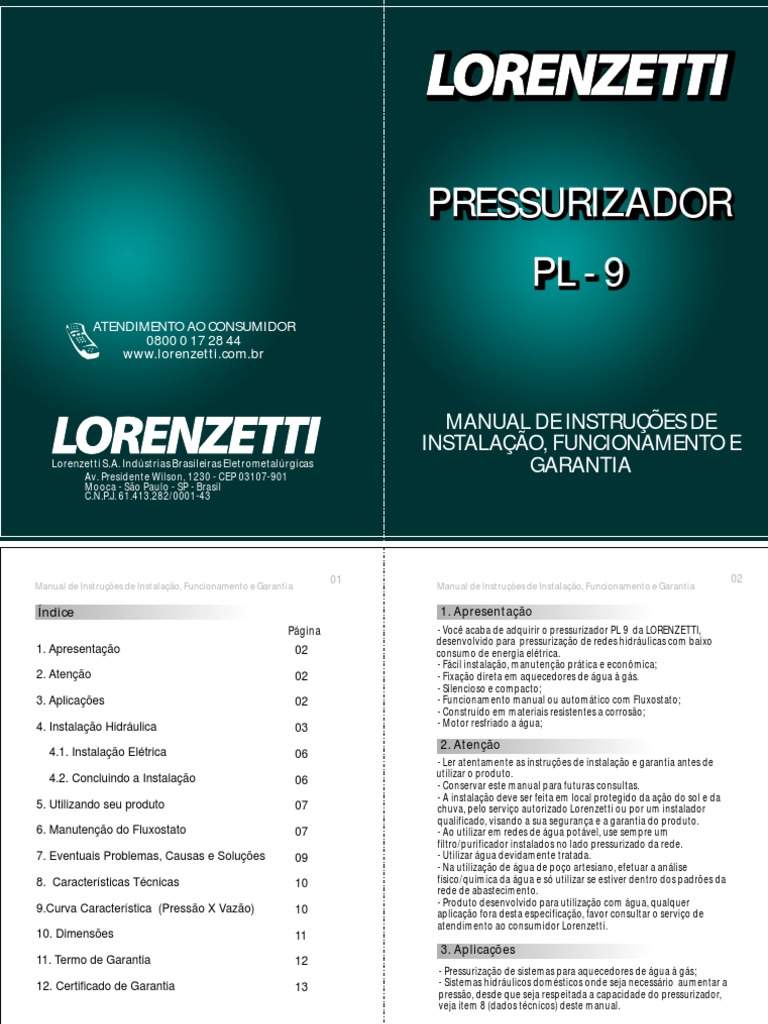 PRESSURIZADOR PL - 9 MANUAL DE INSTRUÇÕES DE INSTALAÇÃO, FUNCIONAMENTO ...