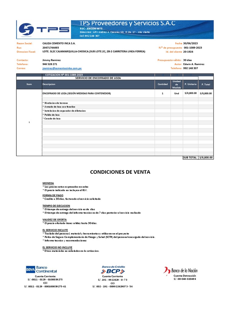 TPS Proveedores y Servicios S.A.C: Condiciones de Venta | PDF