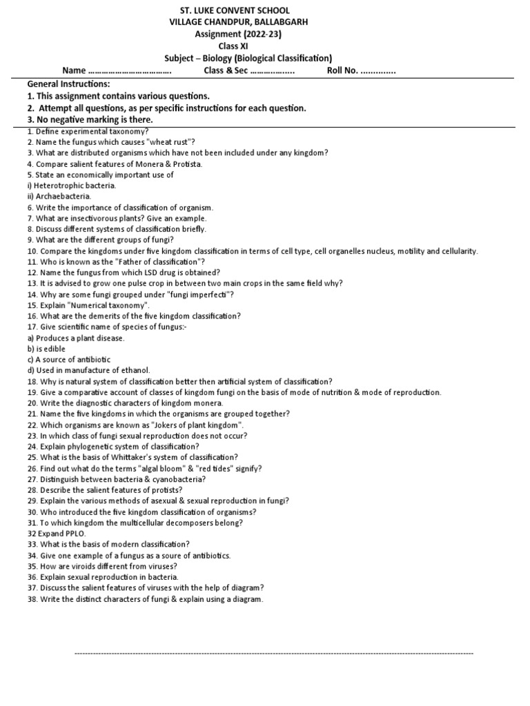 Assignment XI Biological Classification | PDF | Fungus | Taxonomy (Biology)