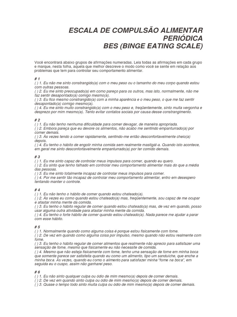 Escala de Compulsão Alimentar Periódica - Binge | PDF | Alimentos ...