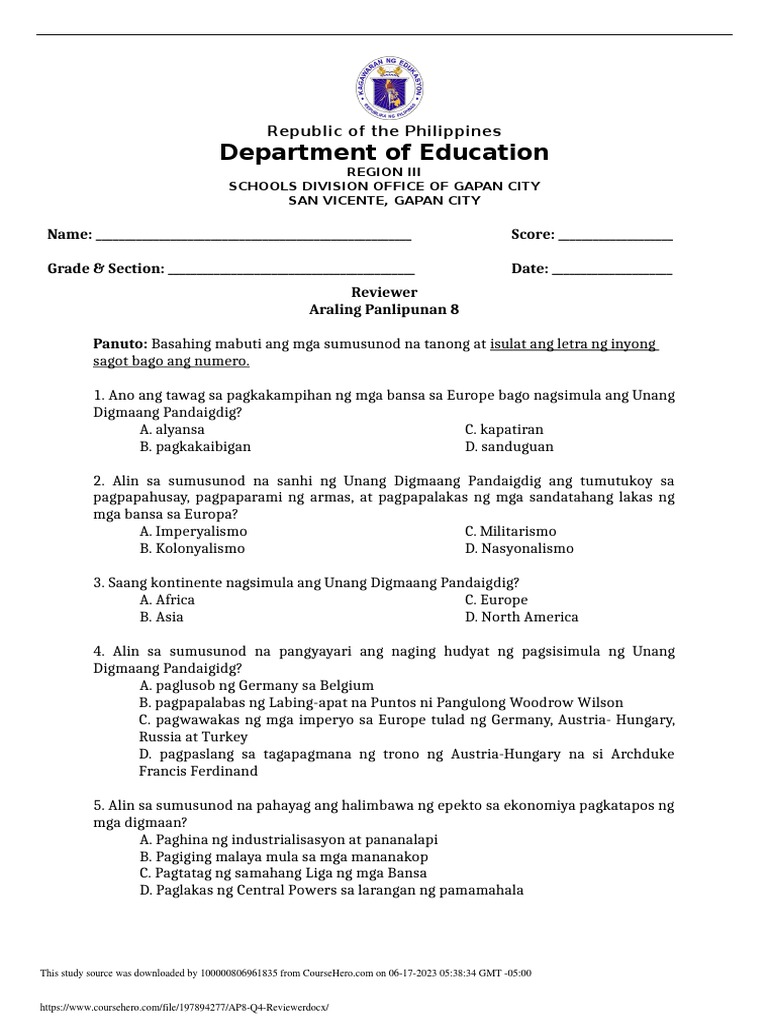 AP8 Q4 Reviewer | PDF