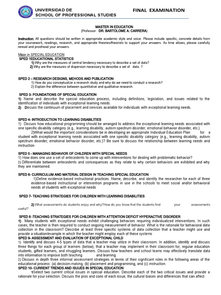Final Sped 2ND Sem 2023 | PDF | Special Education | Educational Assessment