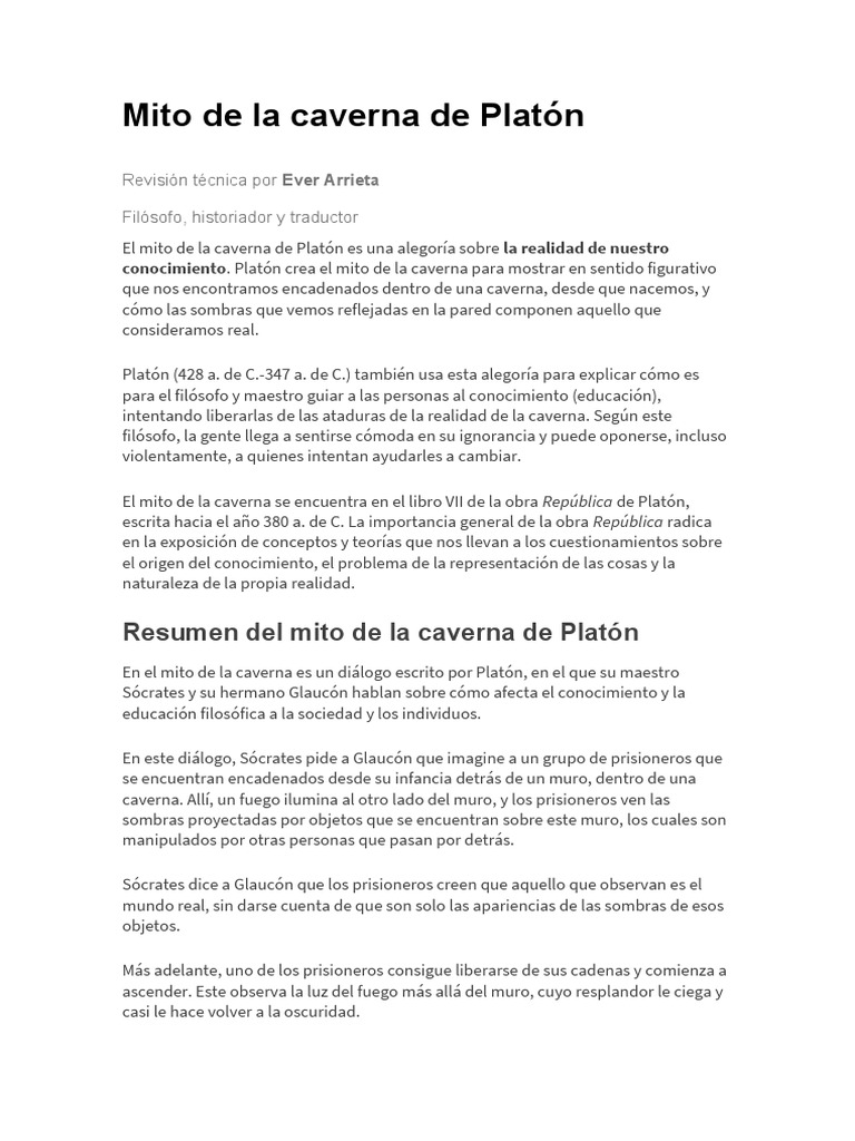 Mito de La Caverna de Platón | PDF | Conocimiento | Platón
