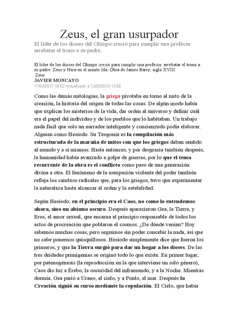 Zeus HISTORIA | PDF | Zeus | Personajes mitologicos