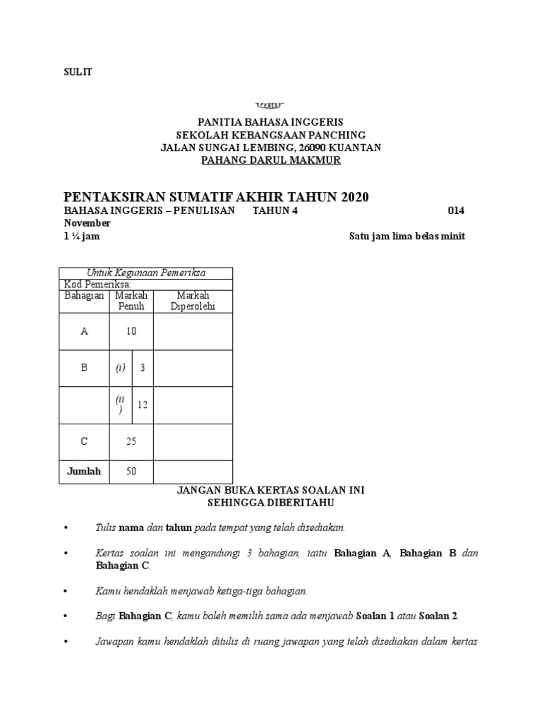 Bi Penulisan Tahun 4 2020 Pdf