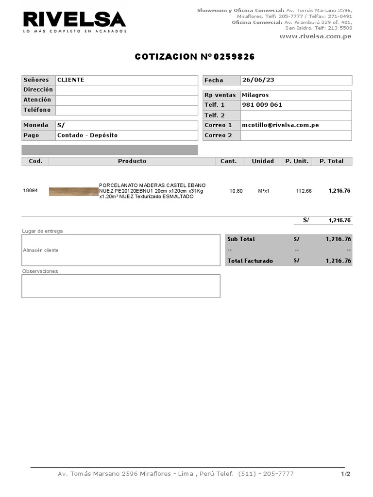 Cotización Rivelsa SAC - Porcelanato | PDF