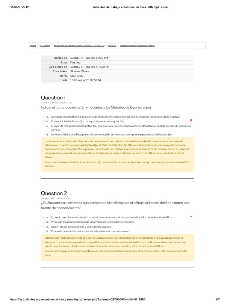 Actividad de Trabajo Autónomo en Línea - Attempt Review UNIDAD 3 | PDF | Flujo de caja ...