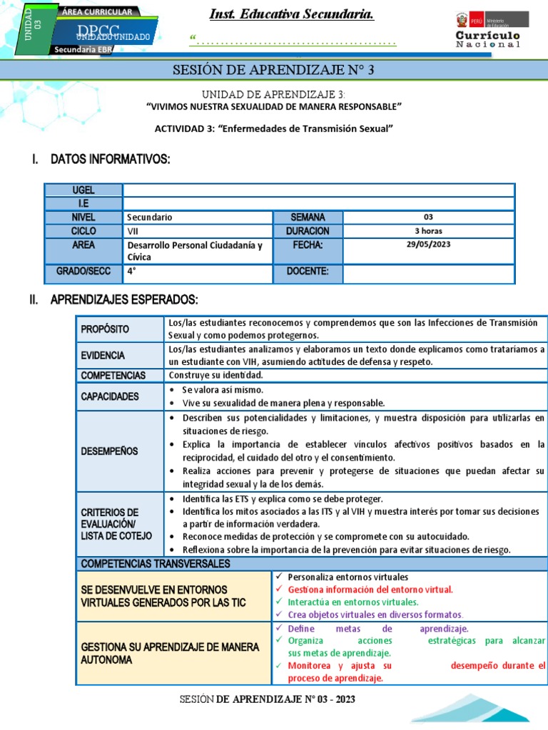 4º DPCC - Ses 3 Uni 3 - Sem 03 | PDF | Infección transmitida sexualmente | Aprendizaje
