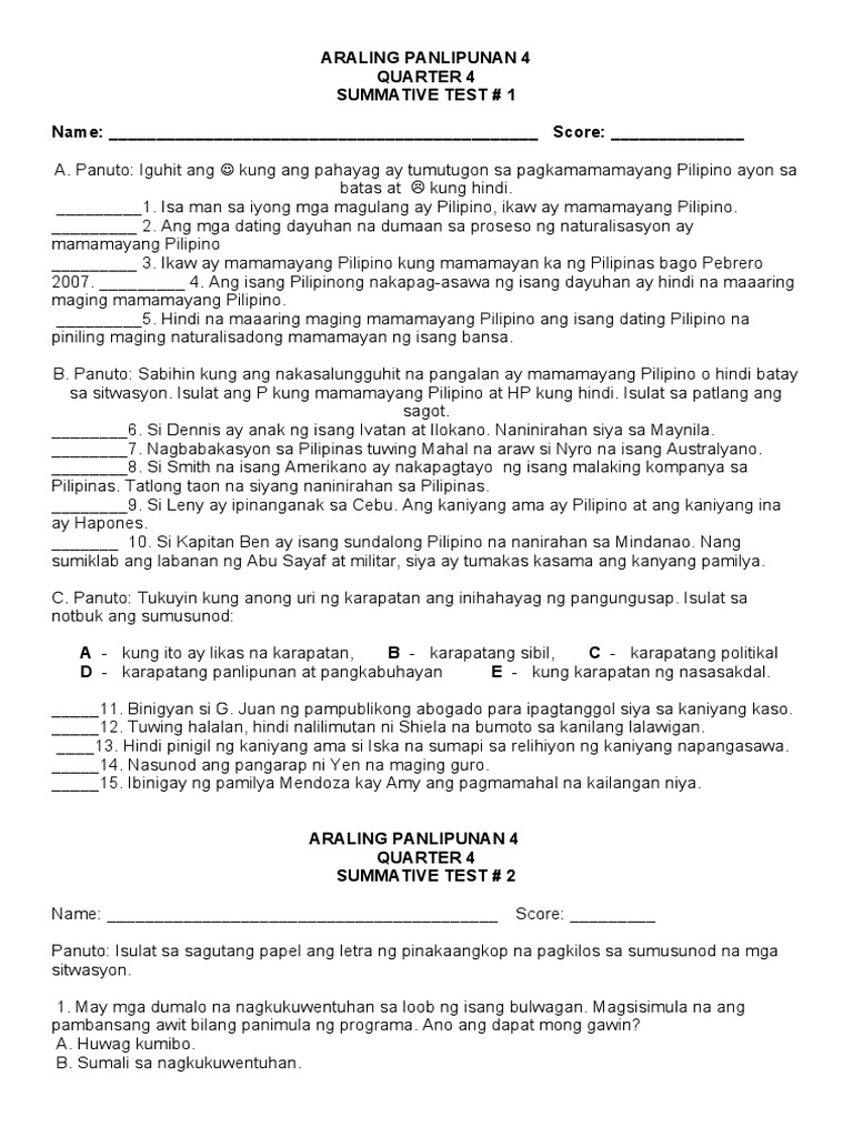 Araling Panlipunan 4 Summative PT | PDF