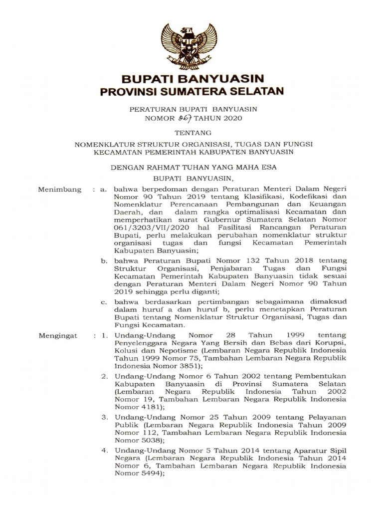 Perbup Banyuasin No 267 Tahun 2020 TTG Sotk Kecamatan | PDF