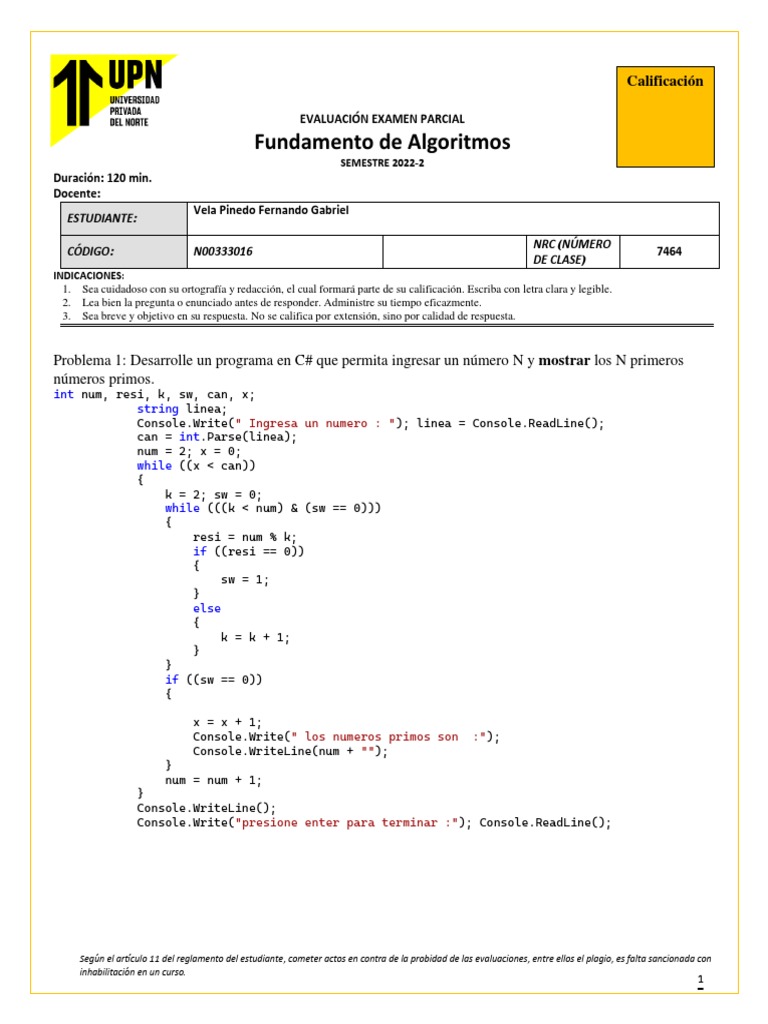 Parcial_Fundamentos de Algoritmo | PDF | C Sharp (lenguaje de programación) | Desarrollo de software