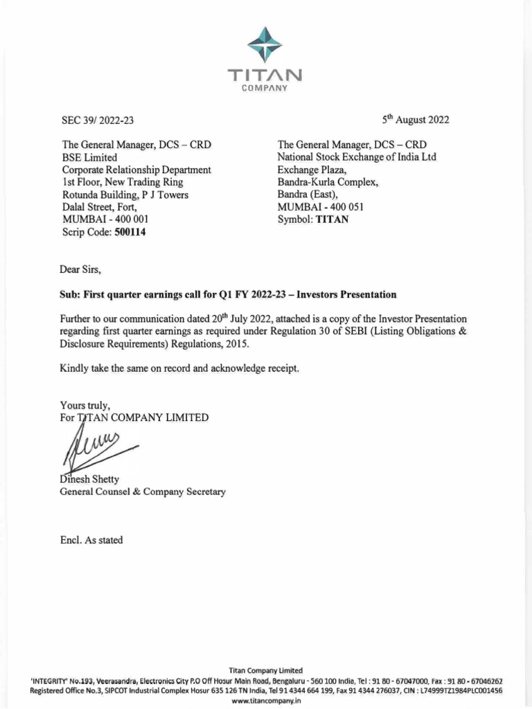 Titan Investor PPT Q1'FY23 | PDF | Income Statement | Risk