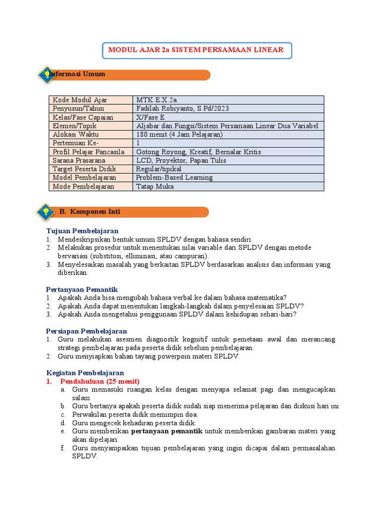 Modul Ajar 2 Sistem Persamaan Linear | PDF Modul Ajar 2 Sistem Persamaan Linear | PDF