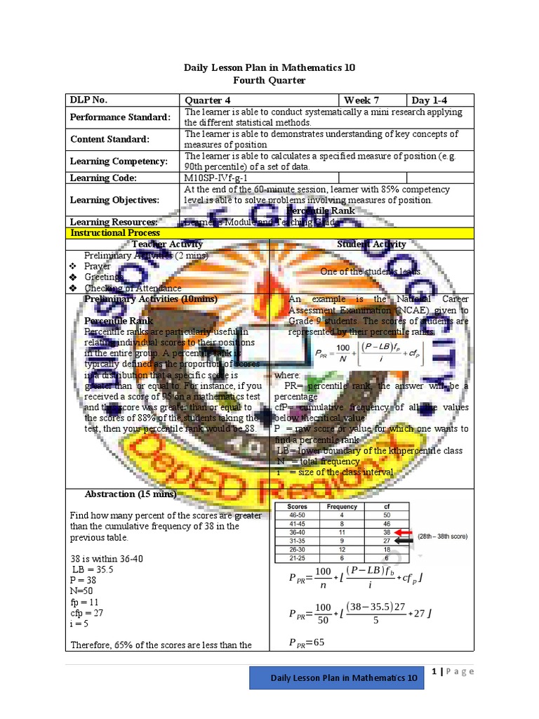 Lesson Plan in Grade 10 Mathematics - Week 7 | PDF | Percentile | Learning