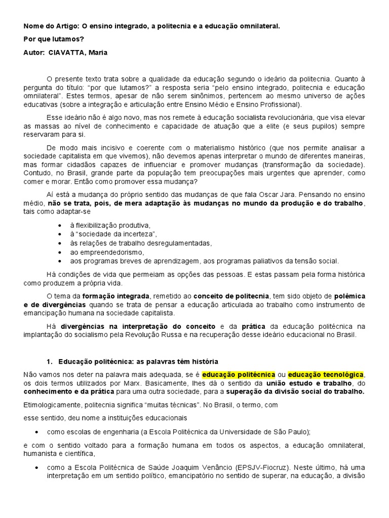 Resumo - Modelo - Ensino Integrado, a Politecnia e a Educação ...