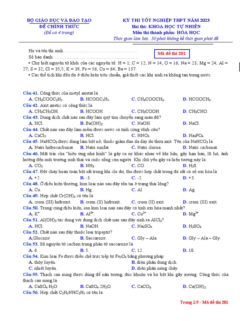 de Tot Nghiep THPT Mon Hoa - Ma 201.TTB | PDF