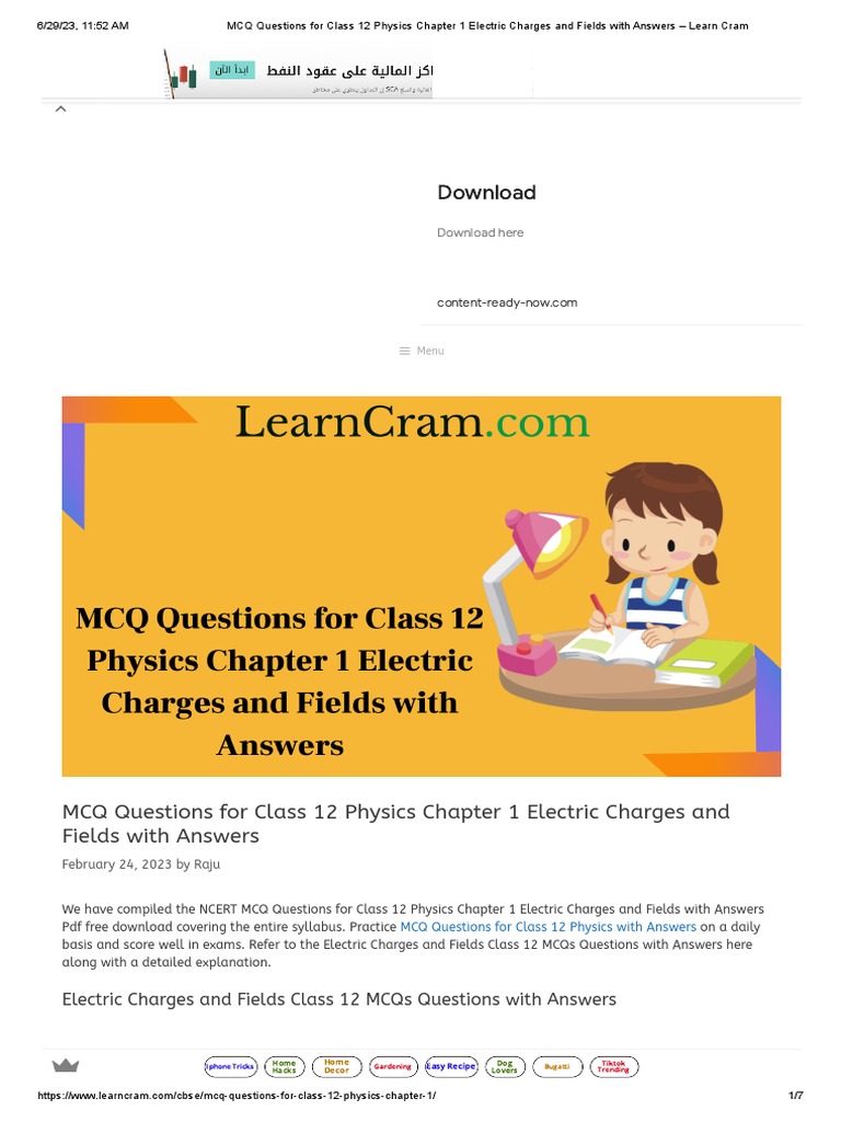 MCQ Questions For Class 12 Physics Chapter 1 Electric Charges and ...