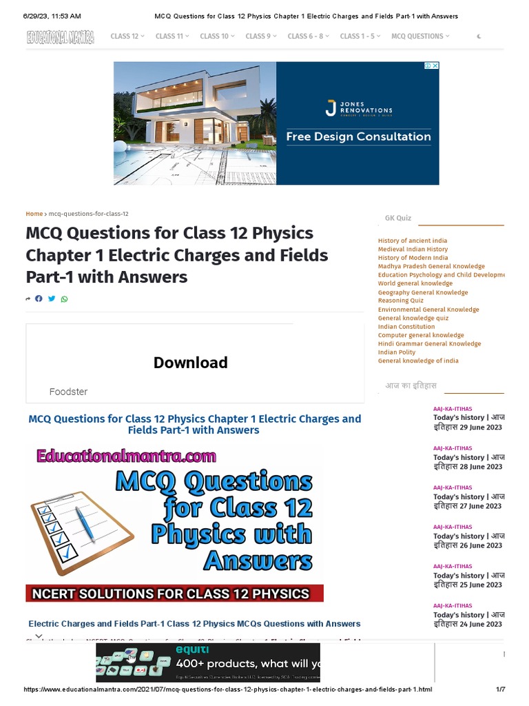 MCQ Questions For Class 12 Physics Chapter 1 Electric Charges and Fields Part-1 With Answers ...