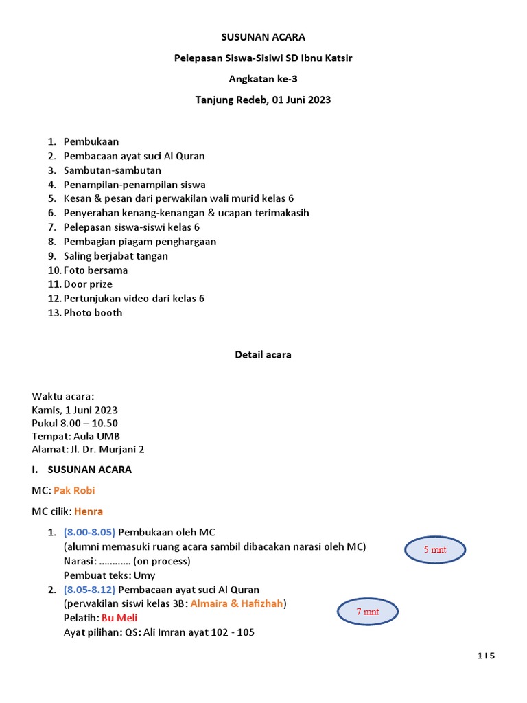 KOOR MC Susunan Acara Perpisahan Kelas 6 Ank 3 | PDF